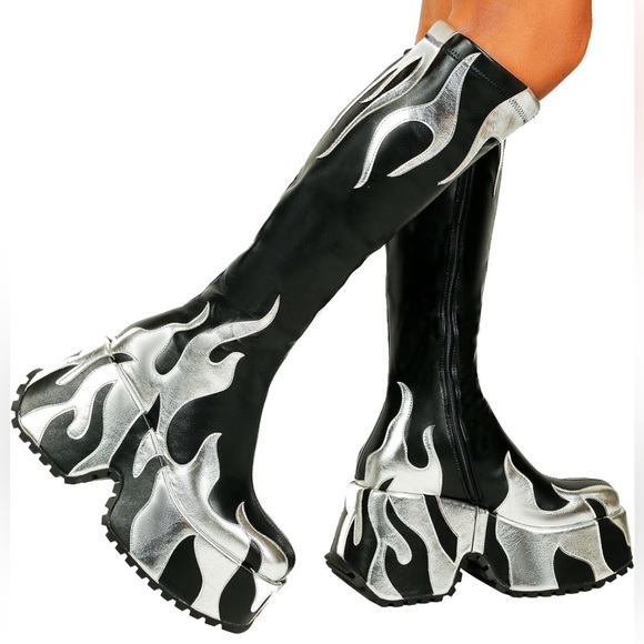 Shoes | Nwt Rave Flame Platform Knee High Boots Vegan Silverblack ...